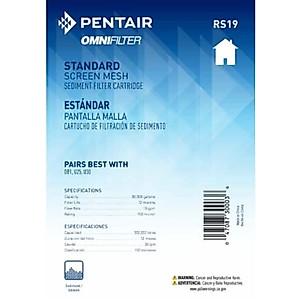 Pentair OMNIFilter RS19 Sediment Water Filter, 10-Inch, Standard Whole House Screen Mesh Sediment Replacement Cartridge, 10" x 2.5", 150 Micron, White