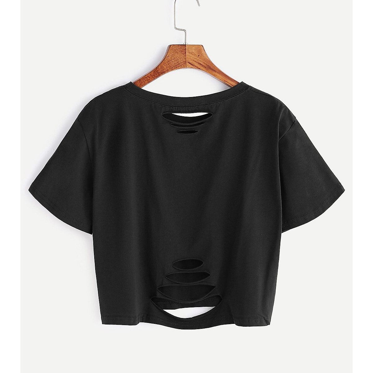 SweatyRocks Women's Summer Short Sleeve Tee Distressed Ripped Crop T-shirt Tops Black M