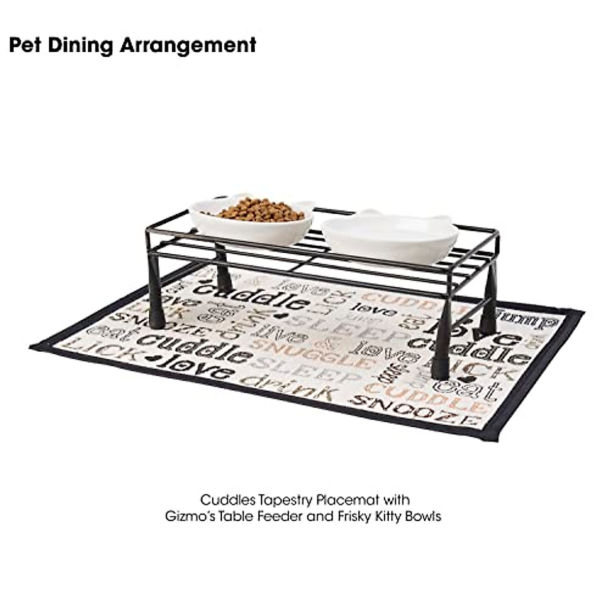 PetRageous 10218 Cuddles Tapestry Dog and Cat Non-Skid Machine Washable Placemat for Pet Feeding Areas with Rubber Backing 13-Inch by 19-Inch for Dogs and Cats, Multi-Colored, Off-White