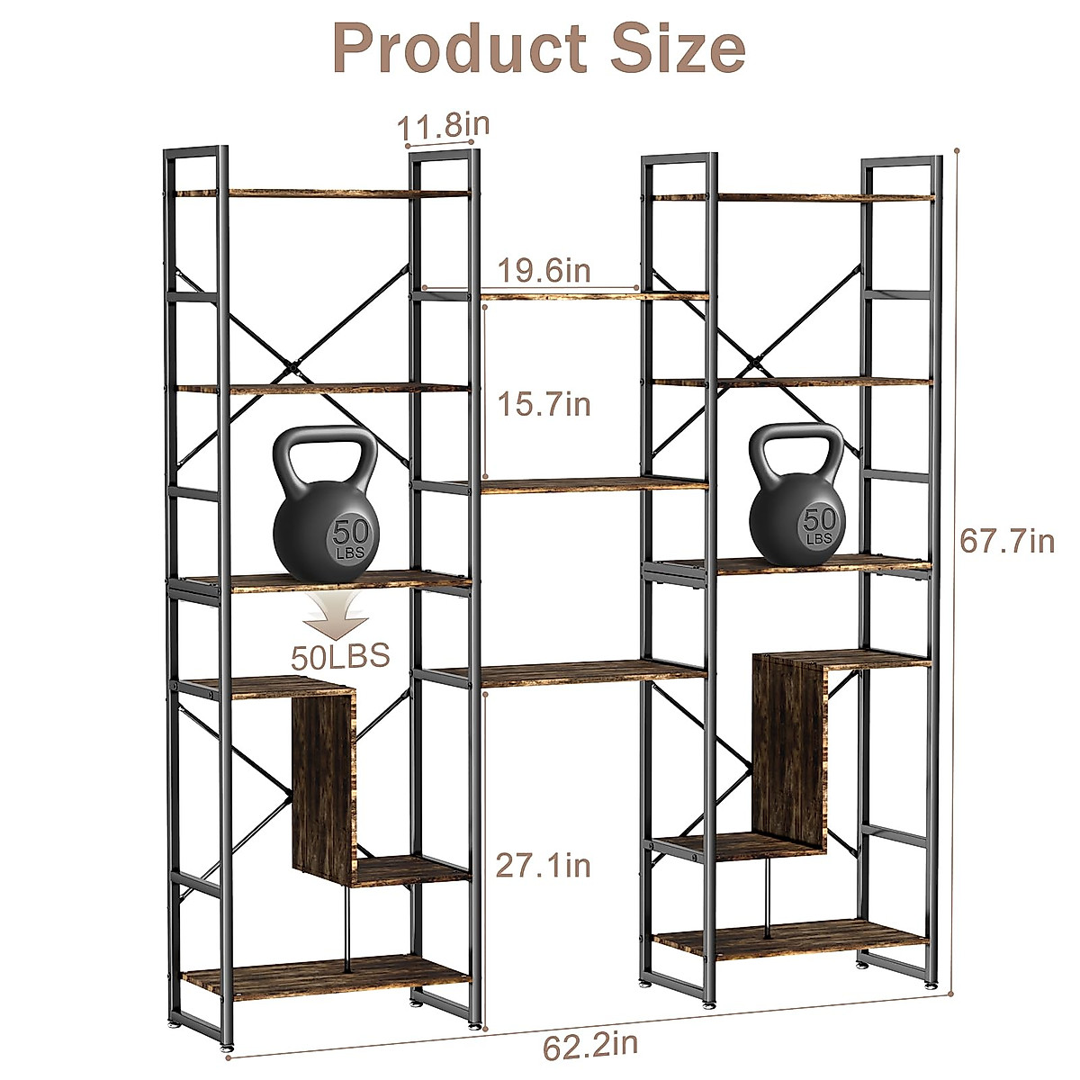 BALLMENT Large Bookshelf,Triple Wide 5 Tier Book Shelf,Industrial Metal Bookacse with 15 Open Display Shelves,Modern Rustic Brown Bookshelve for Office, Living Room,Kitchen,Library - Rustic Brown