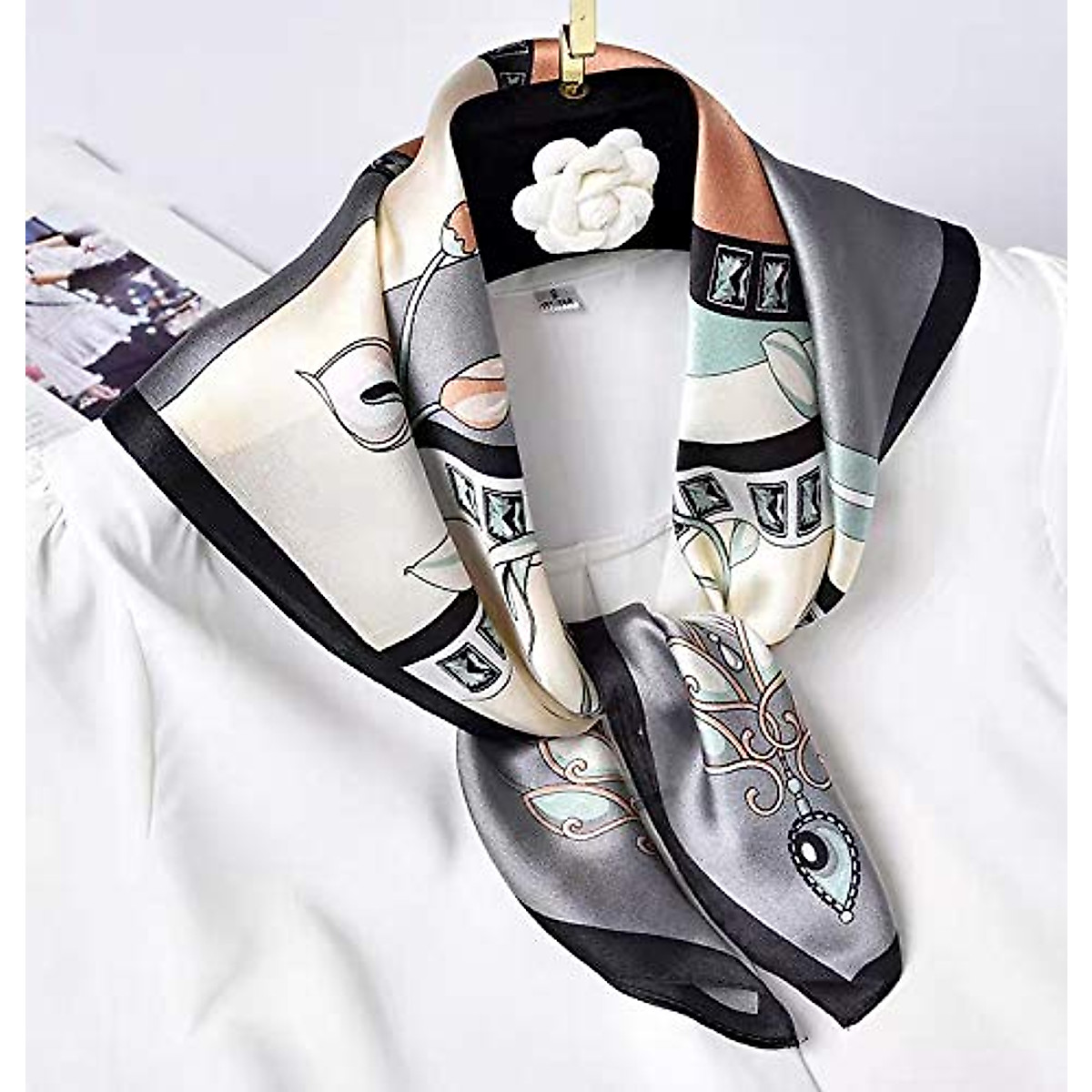 ANDANTINO 100% Pure Mulberry Silk Scarf for Hair-27''x27''- Women Men Neck Scarves- Digital Printed Headscarf(Pink & Light Gray)