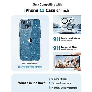 MIODIK for iPhone 13 Case with Screen Protector + Camera Lens Protector, Clear Glitter [Non Yellowing] Shockproof Protective Phone Case, Slim Women Girls iPhone 13 Cover 6.1 inch - Sparkle Clear