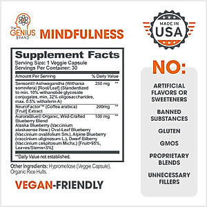 Genius Mindfulness Supplement, Nootropic Cognitive Brain Booster Enhances Memory, Focus & Energy - Natural Calming Supplement with Ashwagandha, NeuroFactor, & Blueberry Extract - 30 Veggie Capsules