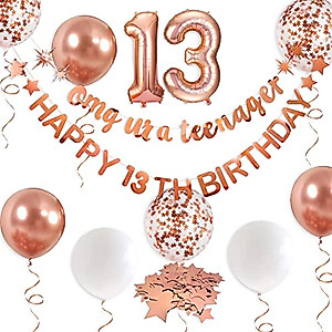 Rose Gold Omg Ur A Teenager Happy 13th Birthday Banner Garland Foil Balloon 13 for 13 Birthday Decorations Official Teenager 13th Birthday Decor for Teen Girls 13 Year Old Birthday Party Supplies