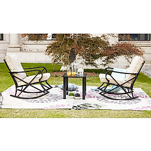 LOKATSE HOME 3-Piece Outdoor Patio Rocking Steel Furniture Bistro Set with 2 Rocker and 1 Metal Square Coffee Table(Khaki Thickened Cushion)