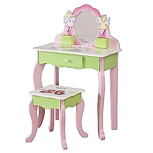 HILIROOM Kids Vanity Set with Mirror and Stool, Girls Makeup Vanity Wooden Dressing Table with Drawer, Princess Vanity Table and Chair Set, Pretend Play Vanity Set for Little Girls