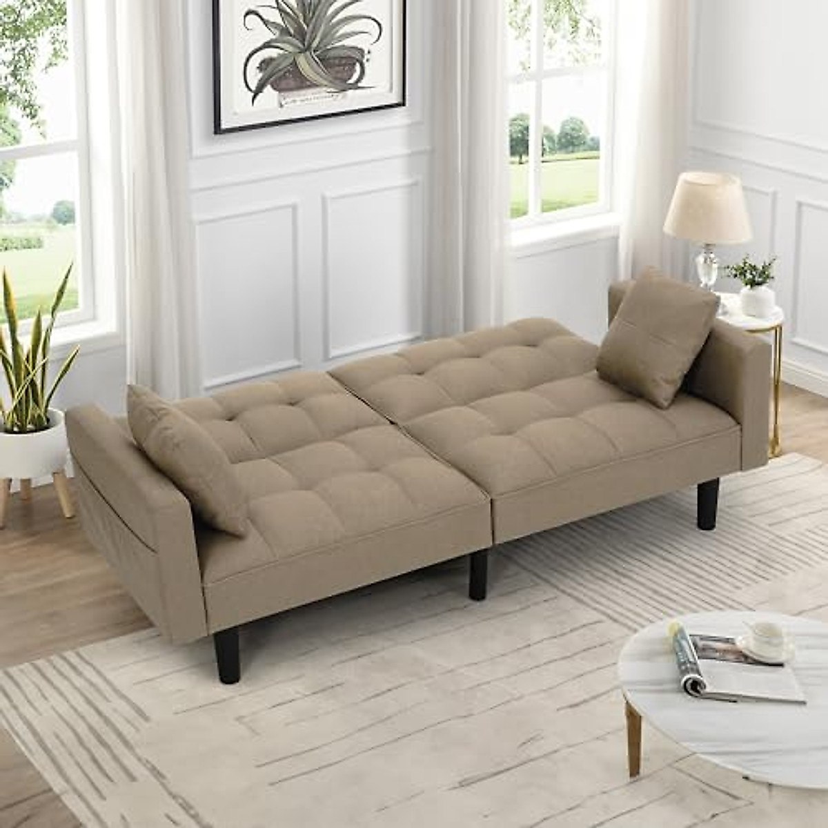 AVAWING Futon Sofa Bed, Modern Linen Fabric Convertible Upholstered Couch with Adjustable Back, Arms and High Strength Nylon Legs for Living Room, Apartment, Office (Khaki)