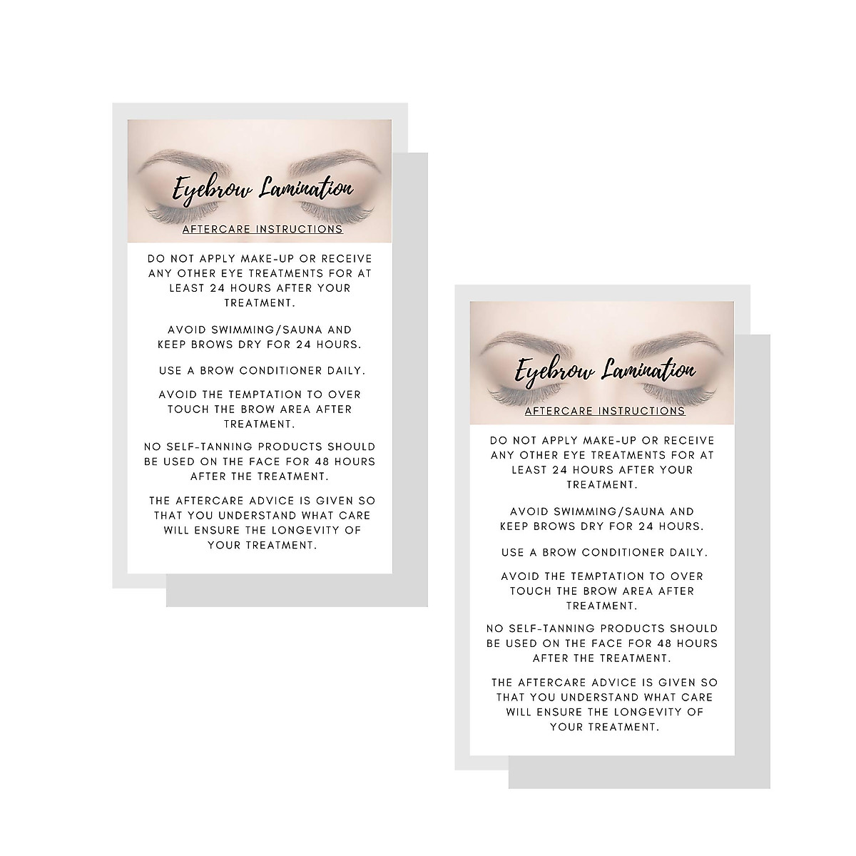 Eyebrow Lamination Aftercare Instruction Cards | Physical Printed 2 x 3.5” inches Business Card Size | White with Brow Photo Design | Starter Lift Kit with Tint at home diy aftercare supplies