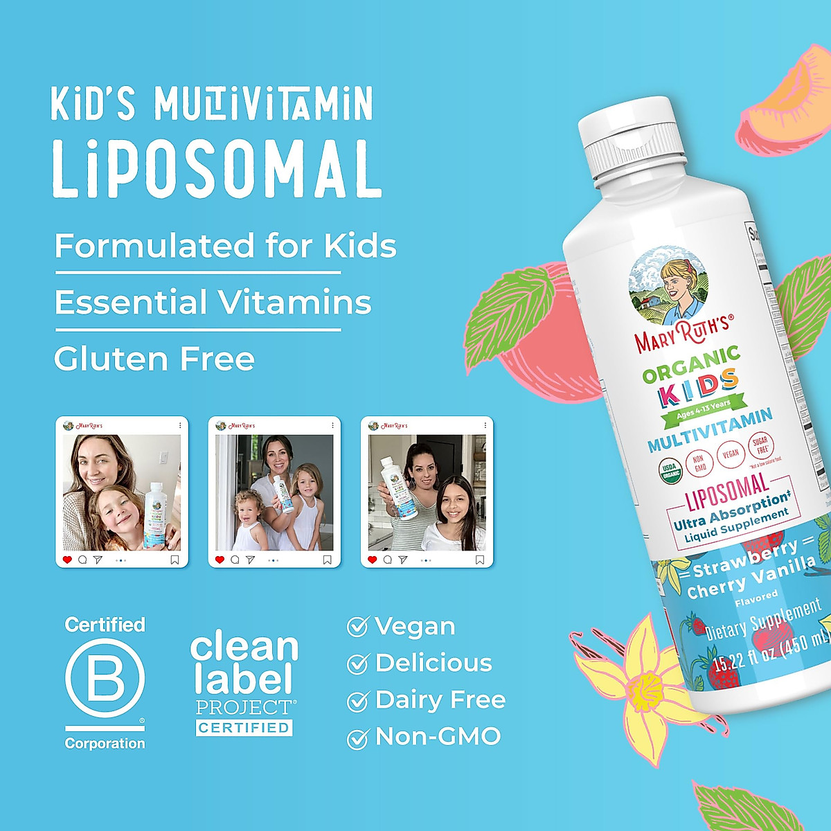 MaryRuth's Kids Multivitamin lipsomal | Vegan, Sugar-Free Vitamins for Kids Ages 2+ | Childrens Vitamins 1-2 Month Supply | Multivitamin for Kids | Multi | Kids Vitamins | 15.22 Fl Oz