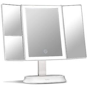 Fancii Makeup Mirror with Natural LED Lights, Lighted Trifold Vanity Mirror with 5X & 7X Magnifications - 40 Dimmable Lights, Touch Screen, Cosmetic Stand - Sora (White)