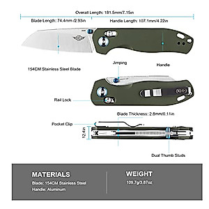 OKNIFE Rubato 2 Pocket Knife for Men, Rail Lock Knife 154CM Blade with Aluminum Handle for EDC, Outdoor