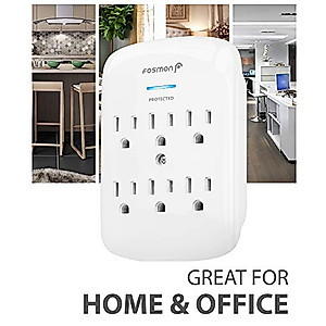 6 Outlet Wall Mount Surge Protector, Fosmon 3-Prong Surge Suppression 1200 Joules, 15A 125VAC 60Hz 1875Watts Wall Outlet Adapter, Grounded LED, ETL Listed - White