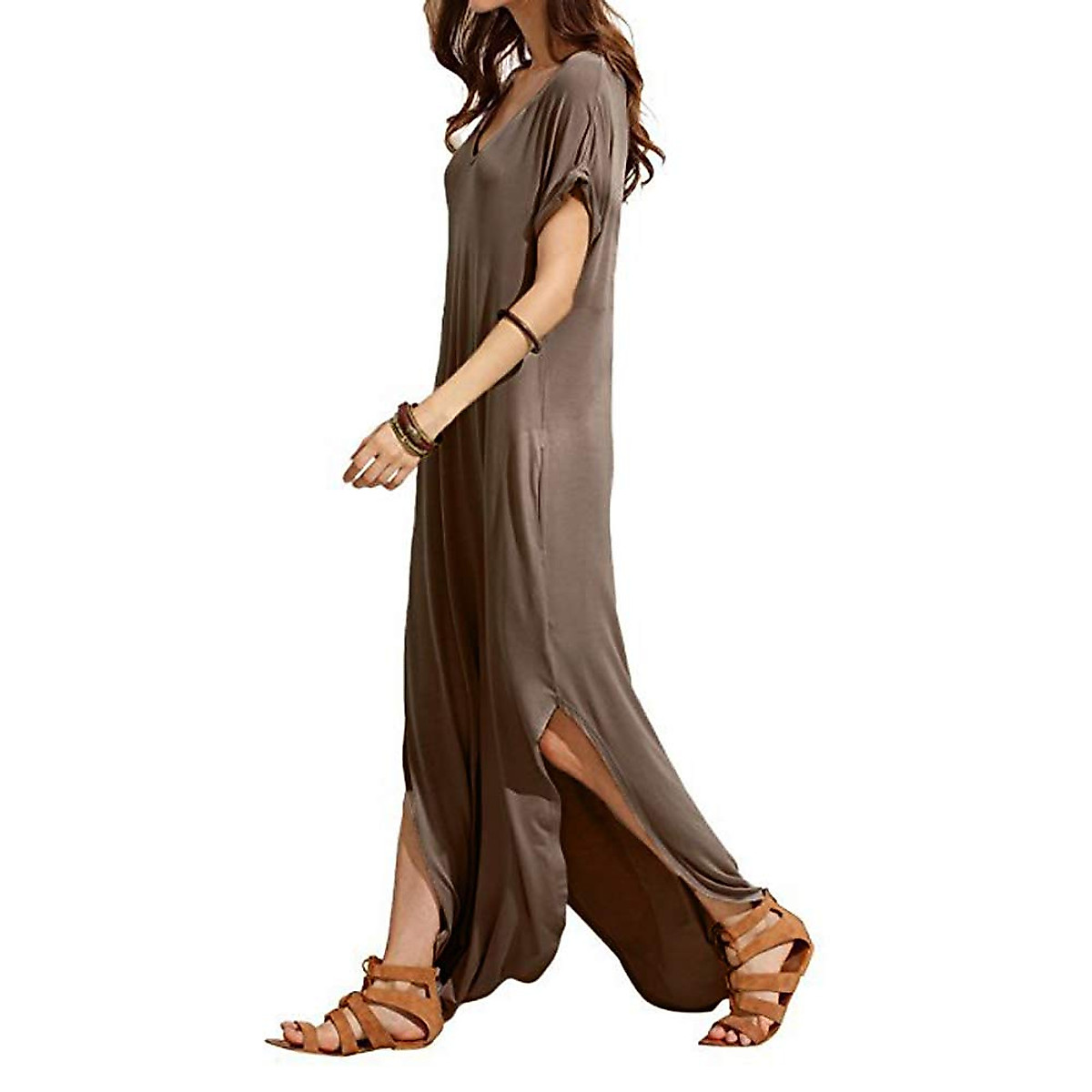 Match Women's V-Neck Casual Loose Short Sleeve Long T-Shirt Dress Split Maxi Dress with Side Pocket (152 Khaki, XL)