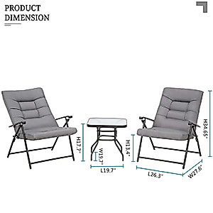 SUNCROWN 3-Piece Outdoor Furniture Patio Padded Folding Chair Set Patio Bistro Set Foldable Adjustable Reclining Lounge Chair with Coffee Table, Grey