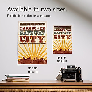 Laredo, Texas, Skyline and Sunburst Screenprint Style (12x18 Art Print, Travel Poster Wall Decor)