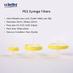 COBETTER 100 Pack PES Syringe Filter Lab Filters 0.22μm Pore Size 13mm Diameter Hydrophilic Filtration Non-sterile Yellow