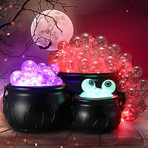 Blosssound Halloween Decor DIY Bubbling Cauldron Set 3 Black Plastic Witches Cauldron Serving Bowls 60 Colorful Clear Balls 3 LED light Strings Spooky Retro Decor for Indoor Outdoor Party Supplies