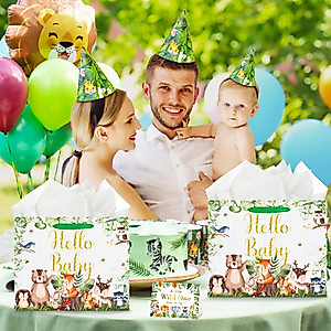 Baby Shower Paper Bag Hello Baby Large Gift Bag Woodland Animals Sage Green Baby Girl Boy Wrapping Paper with Tissue Paper Card for Baby Shower Birthday Gender Reveal Party Favors Decorations Supplies