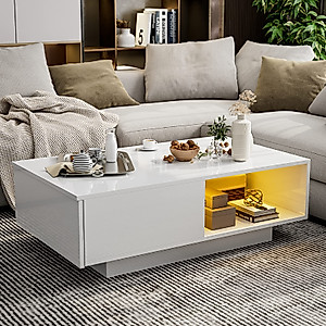 IKIFLY Modern LED Coffee Table with A Drawer, White High Glossy Coffee Table with 16 Colors LED Lights for Living Room