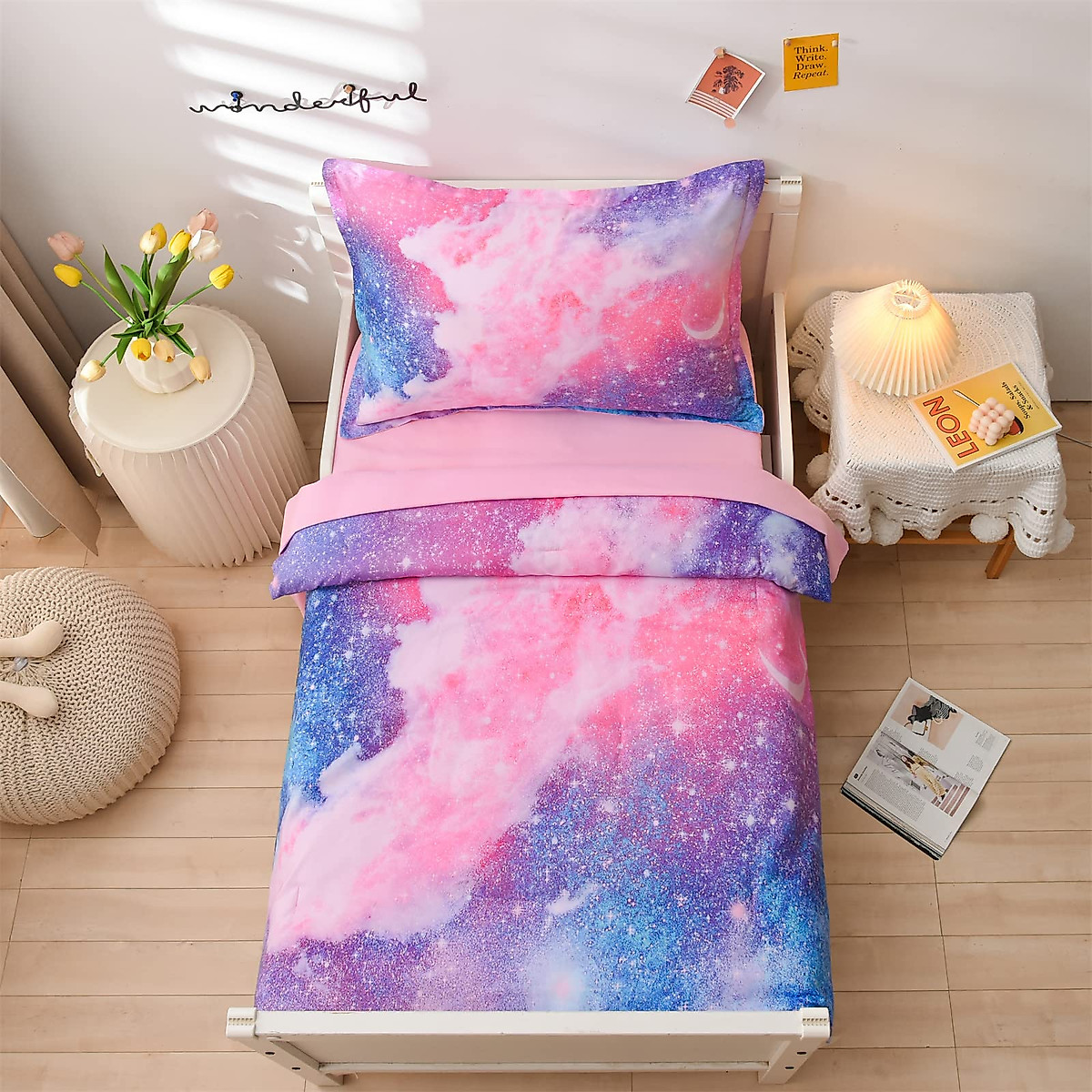 A Nice Night Galaxy Space Planet with Star Glitter Toddler Bedding Set,Includes Comforter, Flat Sheet, Fitted Sheet and Pillowcase,Pink