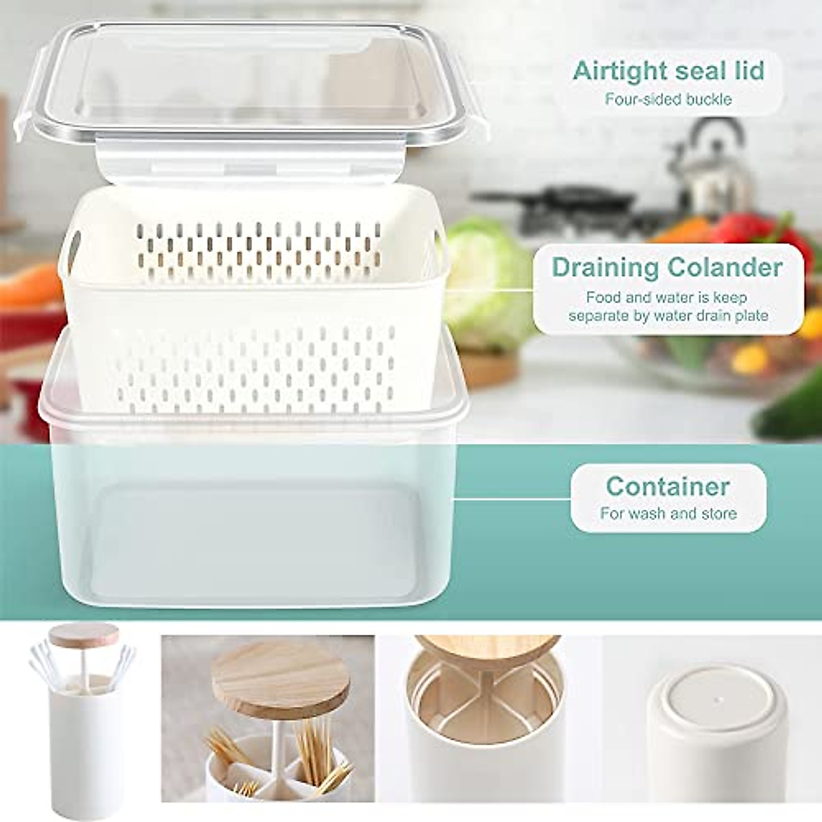 Topifare 6 Pack Fruit Storage Containers for Fridge with Strainer and Lids Fruit Containers for Fridge for Vegetable Storage, Fresh Fruits, Salad