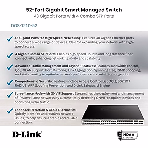 D-Link 52-Port Gigabit Smart Managed Switch | 48 GbE + 4 Combo SFP Ports | L2+ | Static Routing | VLANs | Cable Diagnostics | Web Managed | Rackmount | NDAA Compliant | Lifetime Warranty (DGS-1210-52)