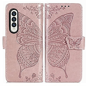 ONV Wallet Case for Samsung Galaxy Z Fold 3 - Butterfly Embossed Leather Folio Case [Magnetic] [Card Slots] [Kickstand] [Wrist Strap] +TPU Shell for Samsung Galaxy Z Fold 3 [HZD] -Rosegold
