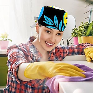 2-Pc Scrub Hats Women Bouffant Hats,Work Hat with Buttons and Cotton Sweatband,Tropical Colored Fruits