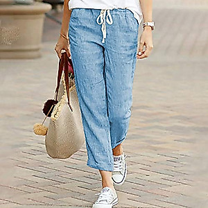 gauplo Womens Linen Capri Pants Casual Drawstring Slim Fit Elastic Waist Cropped Pants Lounge Comfy Trouser with Pocket fold Over Yoga Pants for Women Wide Legged Pants Wide Leg Pants Women Blue