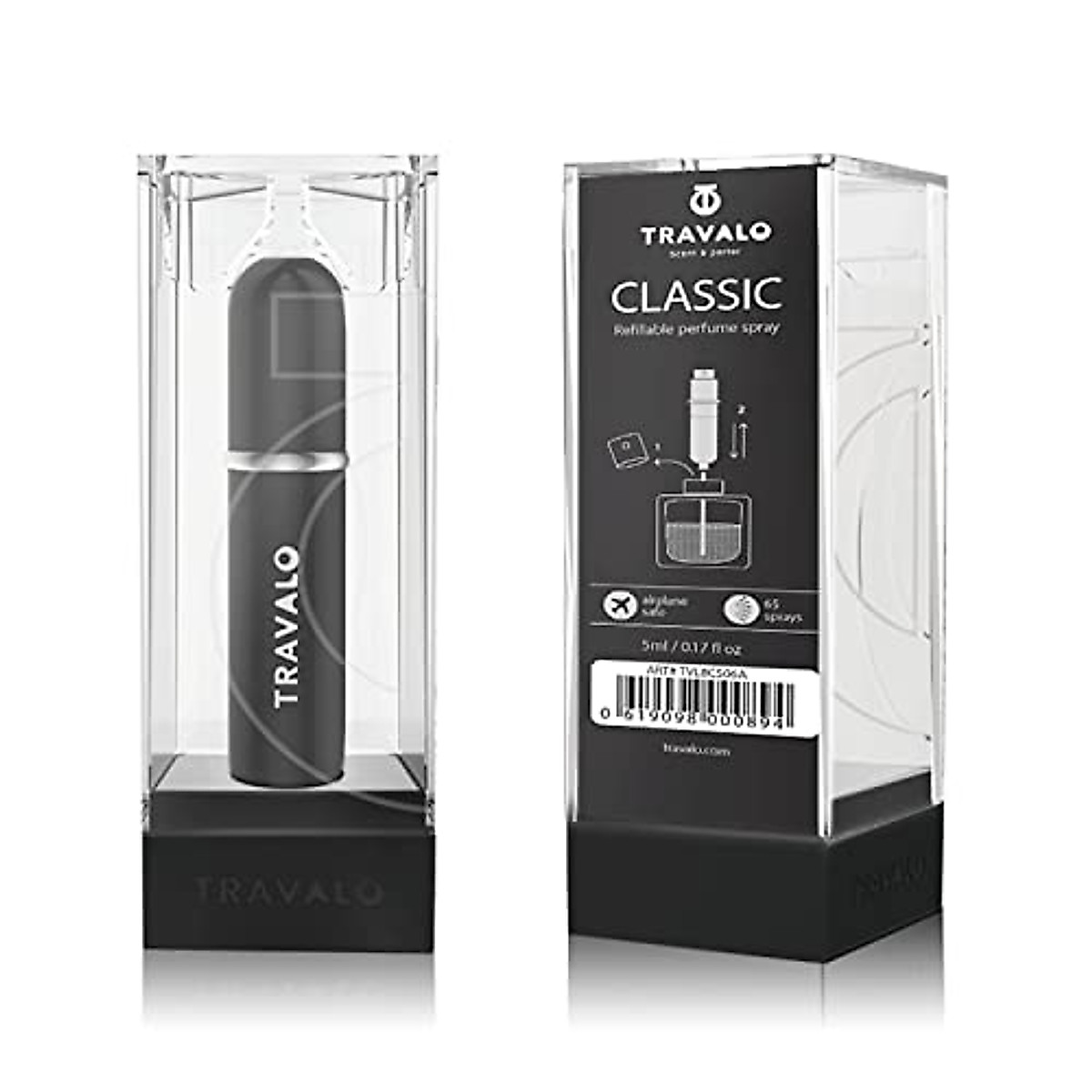 Travalo Classic Perfume Atomizer - U refill system - Elegant Metal Travel Atomiser - TSA Flight Approved Portable Mini Refillable Empty spray Bottle - Glass-free Scent Pump Case - Black 0.17 oz / 5ml