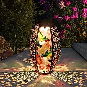 Solar Lanterns Outdoor Light - Solar Powered LED Hummingbird Glass Lights Decorative Waterproof Tabletop Lamp with Hollowed-Out Design for Indoor Yard Table Patio Garden Pathway Holiday