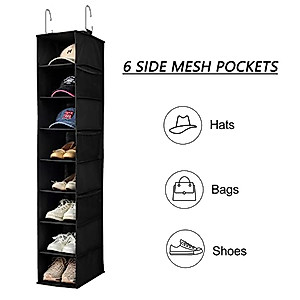 Berdeng Hanging Shoe Organizer for Closet with Side Mesh Pockets，Hat Racks for Baseball Caps，Shoe and Hat Holder & Storage，8-Shelf，Black，1 pack