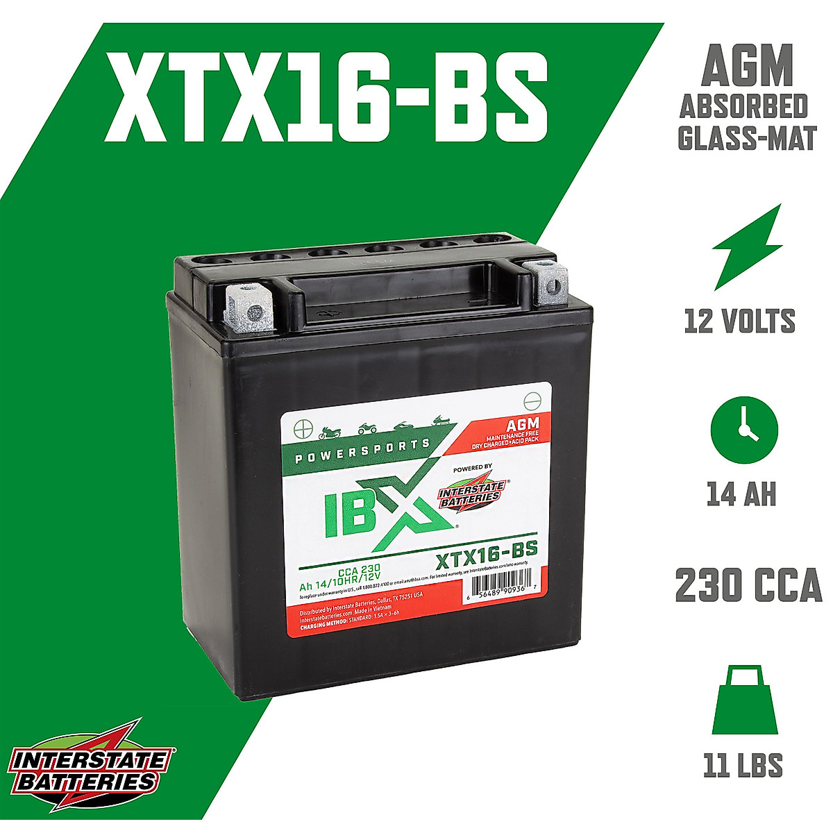 Interstate Batteries YTX16-BS 12V 14Ah Powersports Battery 230CCA AGM Rechargeable Replacement for ATVs, Motorcycles, Scooters (XTX16-BS)