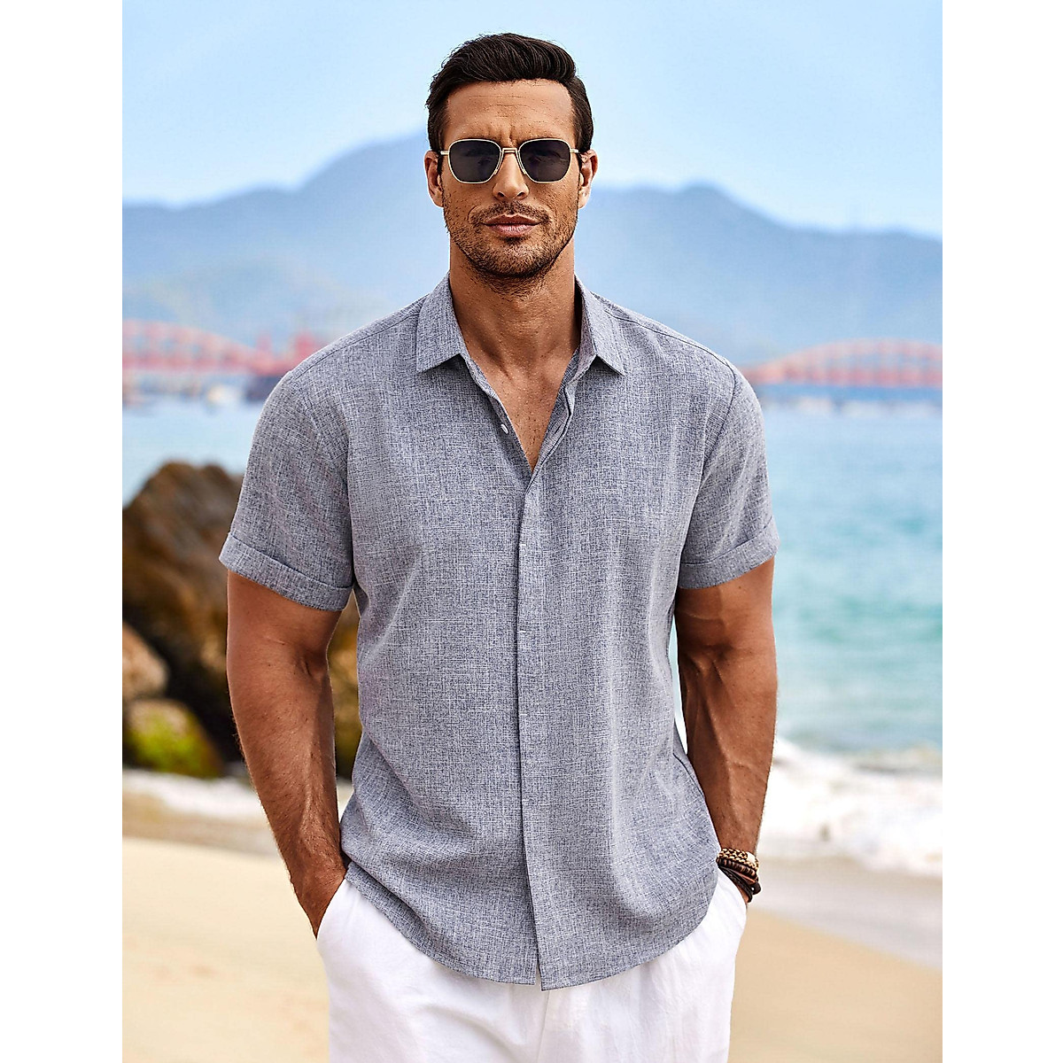 COOFANDY Men's Casual Shirts Button Down Linen Shirt Short Sleeve Cotton Linen Shirts for Men Summer Beach Yoga T Shirts Dark Blue Grey