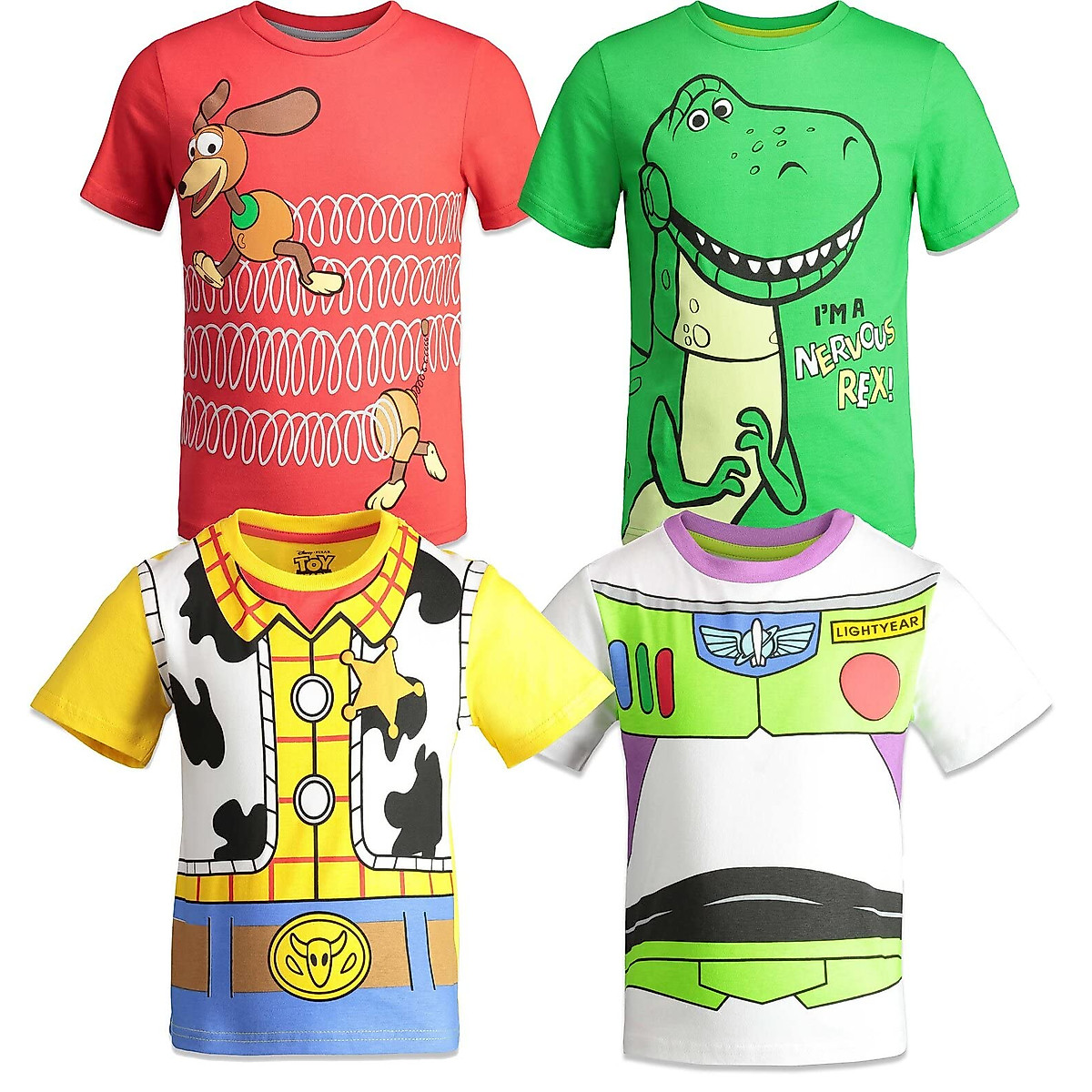 Disney Pixar Toy Story Buzz Lightyear Woody Rex Slinky Dog Toddler Boys 4 Pack T-Shirts Multi 4T