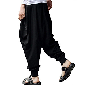 AITFINEISM Men's Drawstring Aladdin Hippie Harem Pants Loose Drop Crotch Trousers (Medium, Black-2)