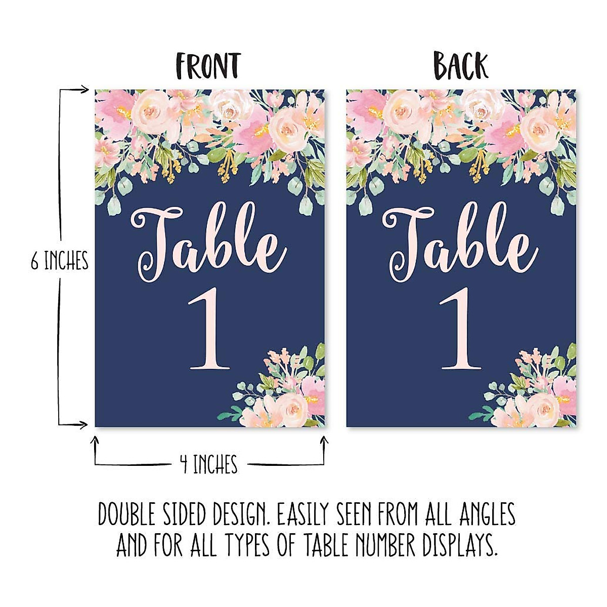 1-25 Navy Blush Floral Table Number Double Sided Signs For Wedding Reception, Restaurant, Birthday Event, Calligraphy Printed Numbered Card Centerpiece Decoration Setting Reusable Frame Stand 4x6 Size