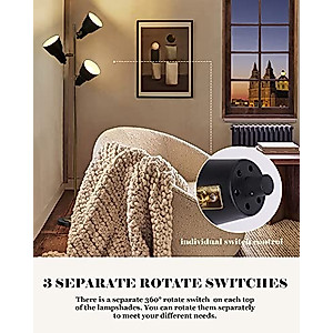 ELYONA Gold Tree Floor Lamp with 3 Adjustable Rotating Lights, Industrial Tall Pole Metal Standing Lights with 3 LED Bulbs for Living Room,Bedroom,Farmhouse,Office,Hotel, Vintage Brushed Brass & Black