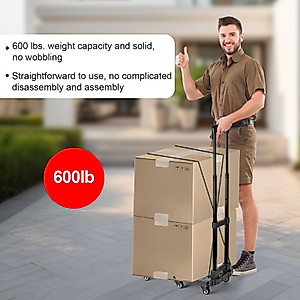 Caxlis Upgrade Folding Hand Truck, 500lbs Heavy Duty Dolly Cart, Professional Utility Dolly Platform Cart with 6 Wheels and 2 Elastic Ropes for Luggage, Travel, Moving, Shopping, Office Use, Black