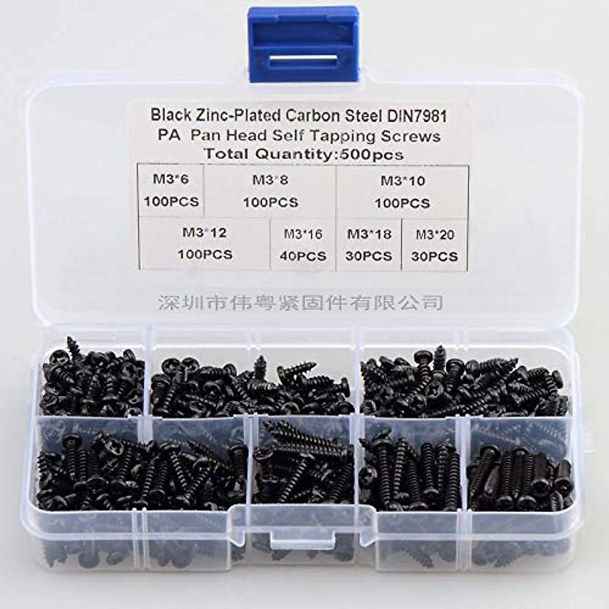 Black Pan Head Tapping Screws Set M3x6/8/10/12/16/18/20 Carbon Steel for Laptop for Computer Screw Screw Kit 500 Pcs/Set SCRW-020023