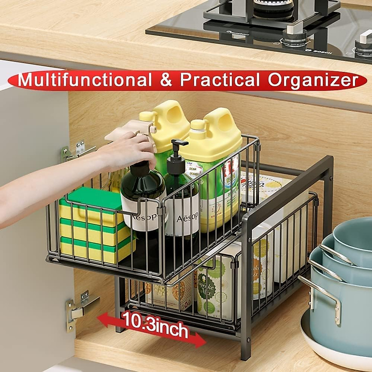 Under Sink Organizer, 2-Tier Cabinet Organizer for Kitchen Bathroom Countertop Organizer with Pull Out Basket Sliding Storage Drawer for Cupboard Cabinet (Black)