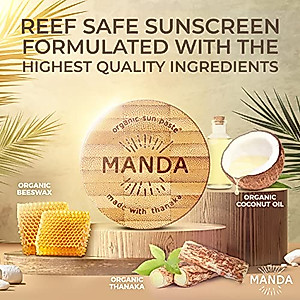 MANDA - Reef Safe Sunscreen - Made of Thanaka, Non-Nano Zinc Oxide & Organic Ingredients - SPF 50 - Travel Size, Waterproof Sunscreen Paste - Applies Thick - 40g