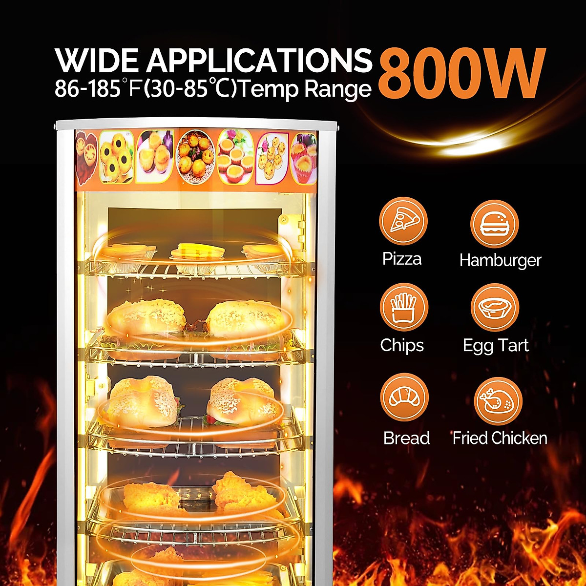 ROVSUN Food Warmer Display Pizza Warmer, Commercial Countertop Food Warmer Electric Pretzel Warmer with Removable Shelves LED Lighting Glass Door for Restaurant Buffet 800W (5 Tiers)