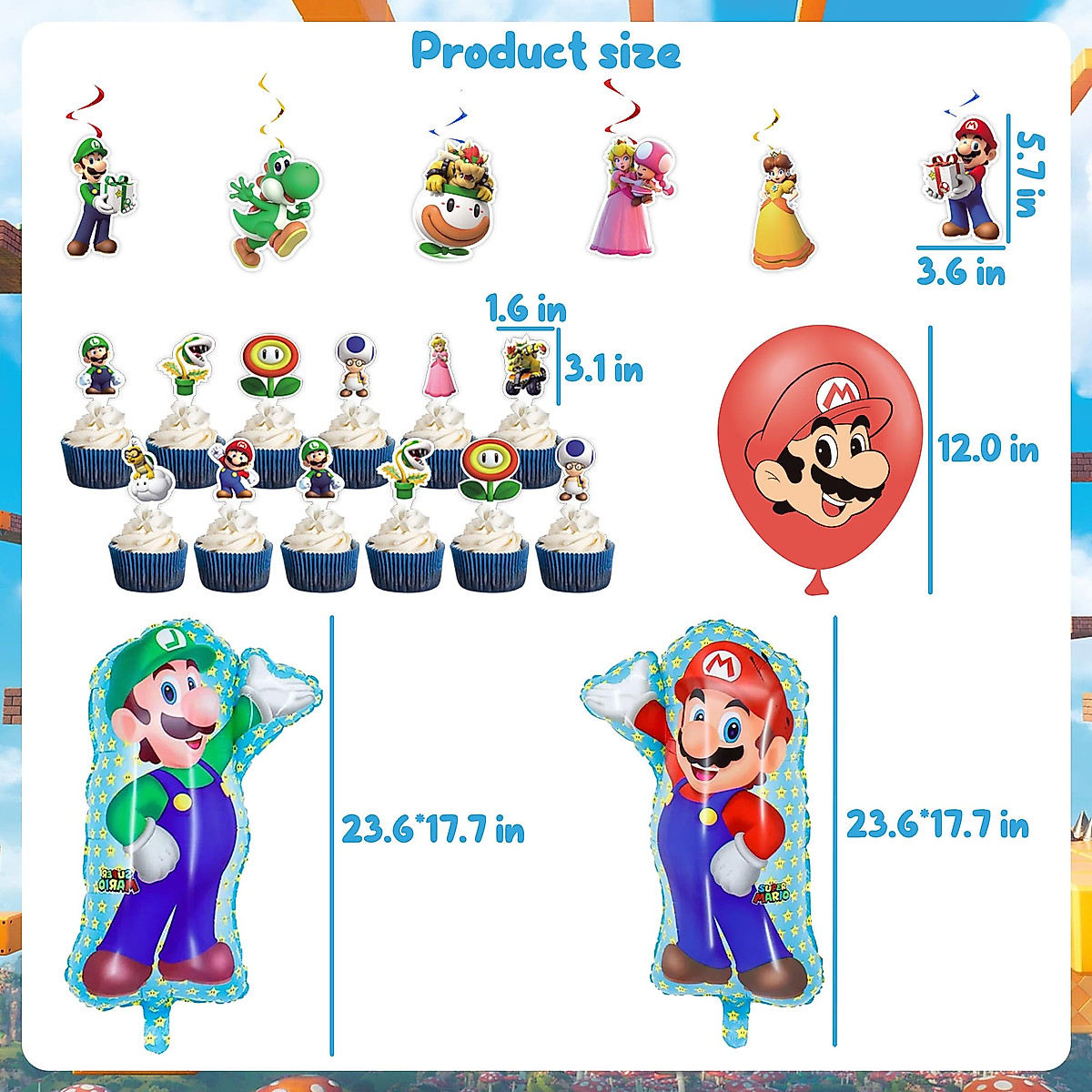 Mario Party Decorations Birthday Party Supplies Super Mario Bros Birthday Favors Include Birthday Banners, Backdrop, Balloons, Cake Decoration, Cupcake Toppers, Hanging Swirls