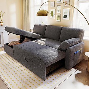 PaPaJet Sofa Bed, Sleeper Sofa with Storage Chaise, L Shaped Sofa with Pull Out Bed, Oversized Sofas for Living Room-Dark Grey Boucle