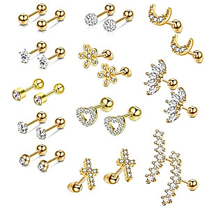 12 Pairs CZ Stud Earrings 16g Cartilage Earring Set Tragus Helix Surgical Stainless Steel Cubic Zirconia Stud Tiny Ball Screw Backs Ear Auricle Cute Love Heart Flower Barbell Piercing Set for Women