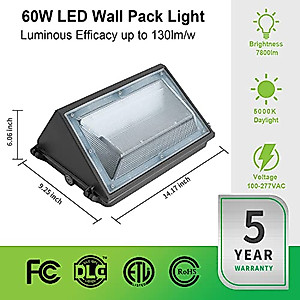 CRRYDINFFE LED Wall Pack Light 60W with Dusk-to-Dawn Photocell, 7800LM (130LM/W) 5000K Daylight, 300W HPS/MH Equivalent, DLC/ETL Listed, IP65 Waterproof Commercial Outdoor Wall Pack Lighting