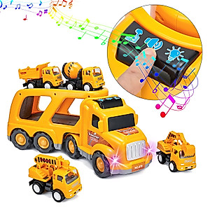 Construction Truck Toys Set for 1 2 3 4 Years Old Toddlers Kids Boys and Girls, Car Carrier Vehicle Set Toy with Sound and Light, Vehicles Transport Truck Carrier Toy, Crane Mixer Dump Excavator Toy