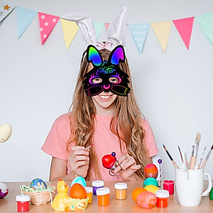 Easter Mask Craft Kit, 54 Pcs Scratch Art for Kids, Kids Magic Rabbit Masks, Scratch Paper Animal Masks with 18 Wood Stylus, DIY Rainbow Scratch Art Masks for Halloween, Animal Birthday Party