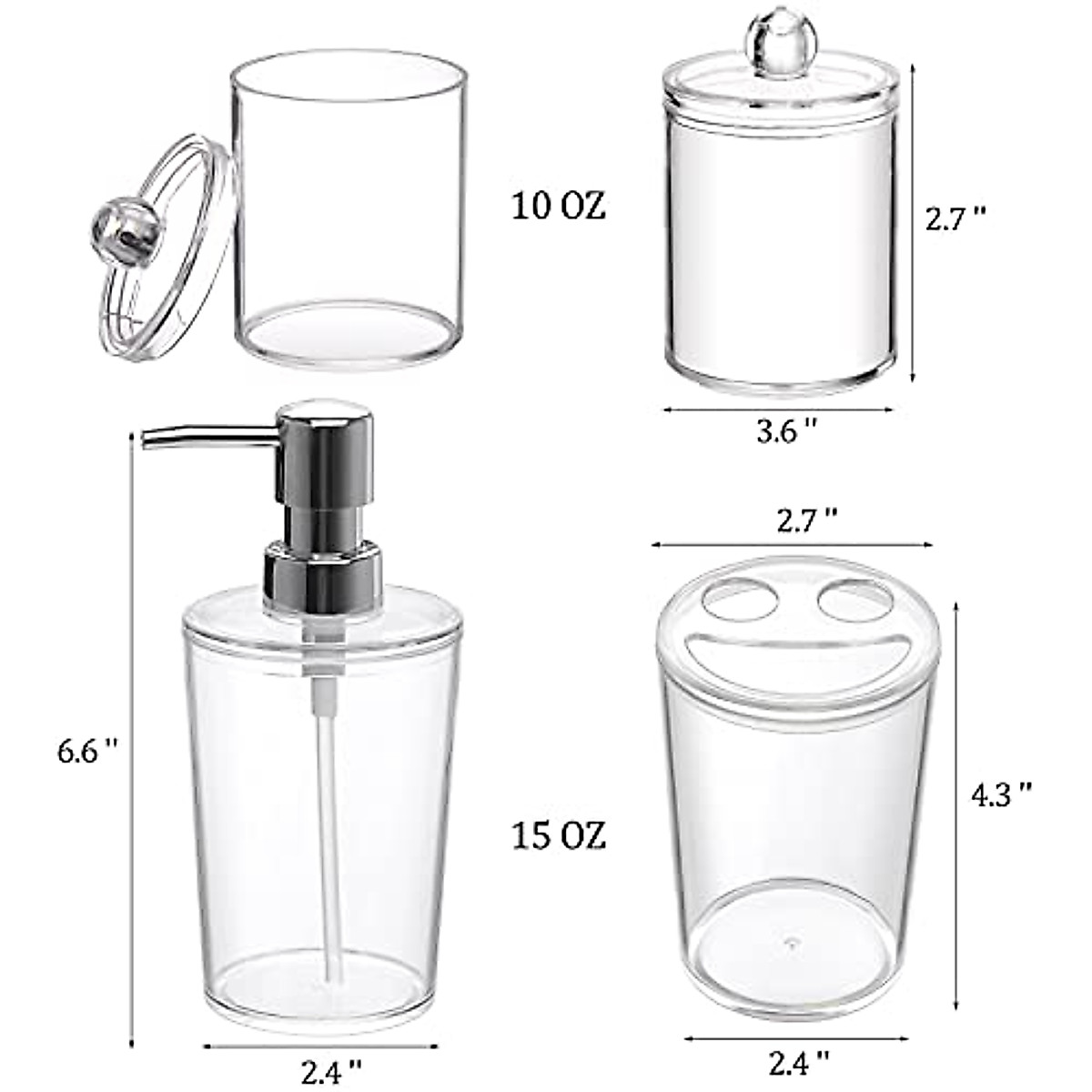 Plastic Clear Bathroom Accessories Set Complete 4 Pcs - Soap Dispenser, 2 Qtip Holder Jars and Toothbrush Holder, Counter Decor